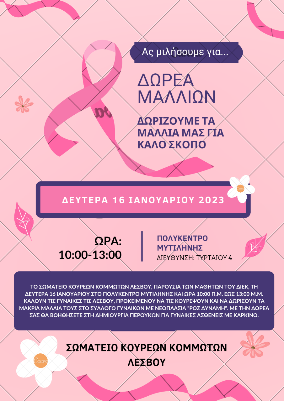 Δωρεά μαλλιών από το Σωματείο Κουρέων - Κομμωτών Λέσβου στη "ΡΟΖ Δύναμη ...